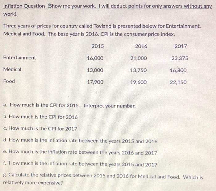 Solved Inflation Question (Show me your work. I will deduct | Chegg.com