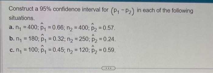 Solved Construct a 95\% confidence interval for (p1−p2) in | Chegg.com
