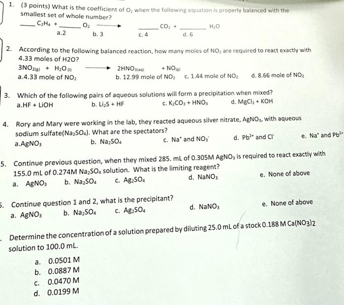 Solved 1. (3 points) What is the coefficient of O2 when the | Chegg.com