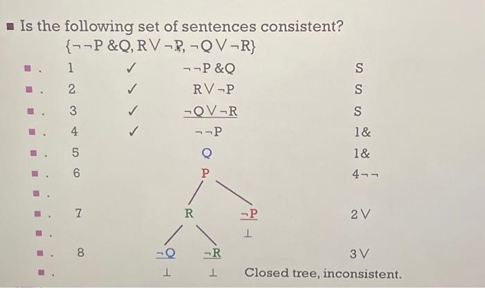 using truth trees. For a consistent set of sentences | Chegg.com