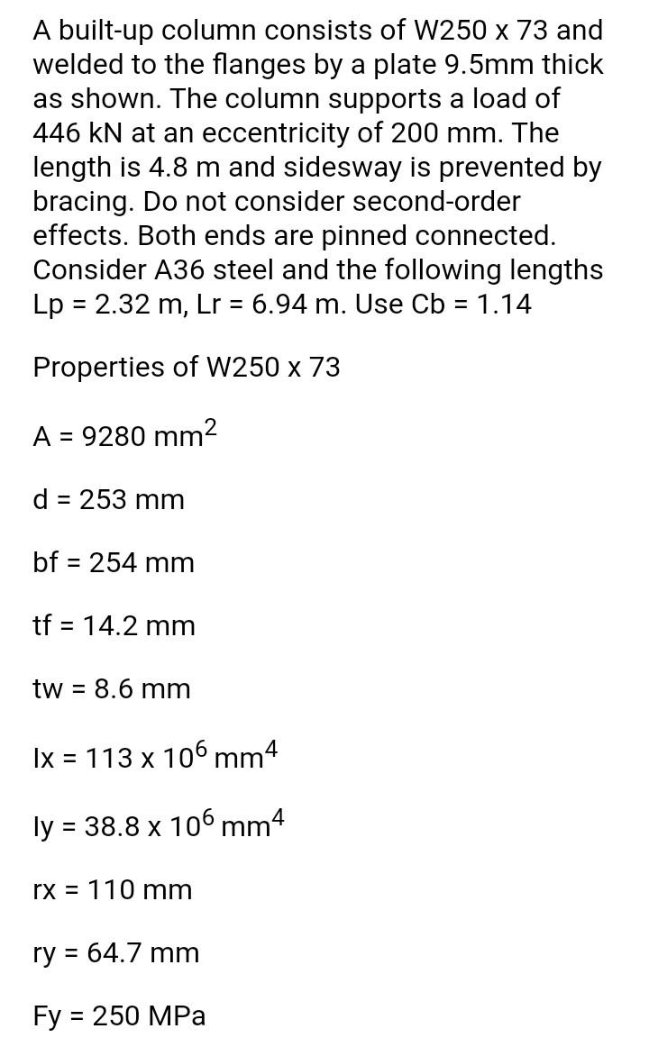 Solved A built-up column consists of W250 x 73 and welded to | Chegg.com