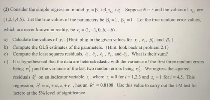 Solved (2) Consider the simple regression model y =B, | Chegg.com