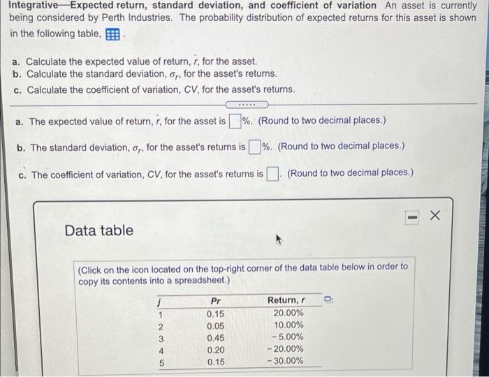 Solved Integrative Expected return, standard deviation, and | Chegg.com