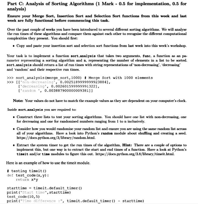 Solved Part C: Analysis of Sorting Algorithms (1 Mark - 0.5 | Chegg.com