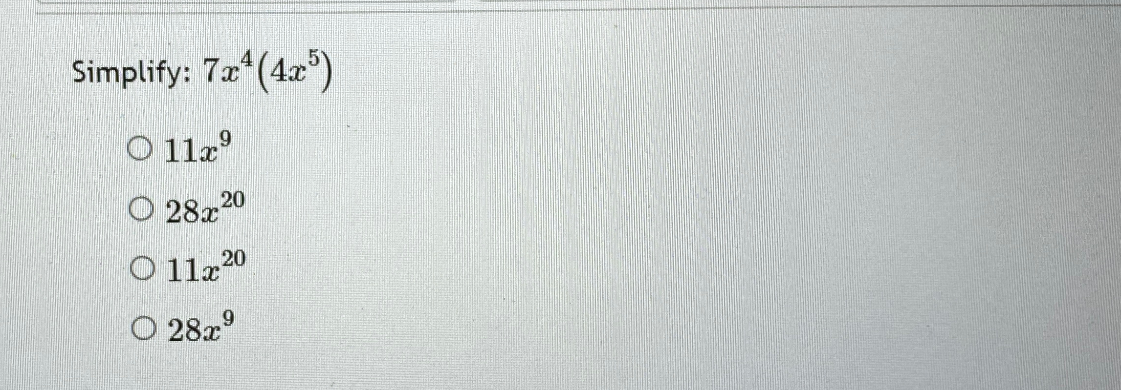 Solved Simplify: 7x4(4x5)11x928x2011x2028x9 | Chegg.com