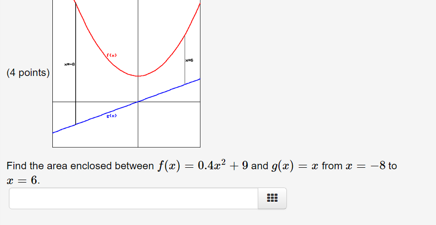 Solved Find the area enclosed between f(x)=0.4x2+9 ﻿and | Chegg.com
