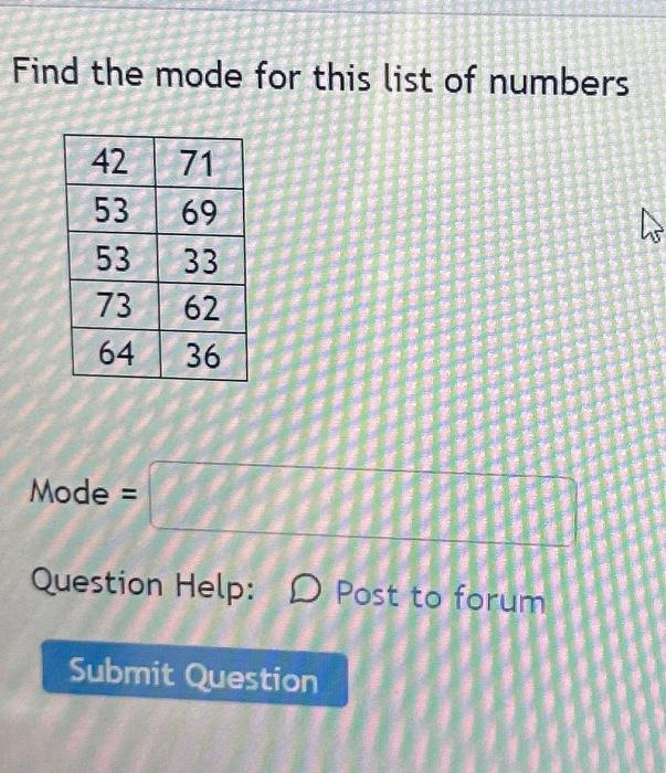 Solved Find the mode for this list of numbers 42 53 53 73 64 | Chegg.com