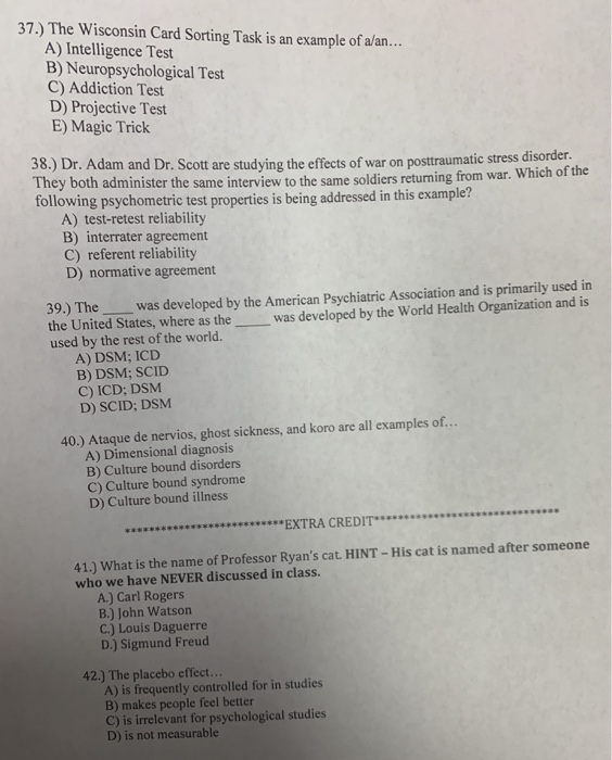 Solved 37.) The Wisconsin Card Sorting Task is an example of | Chegg.com