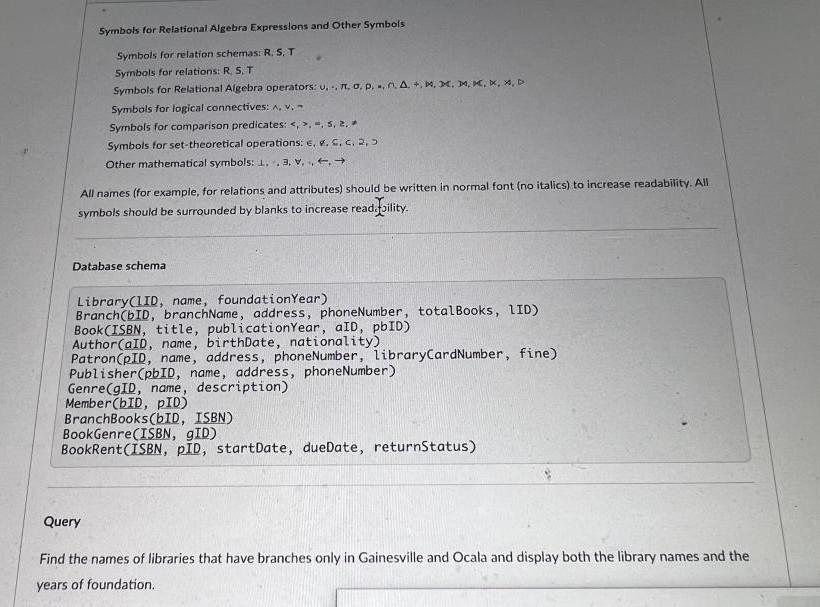Solved Symbols for Relational Algebra Expresslons and Other | Chegg.com