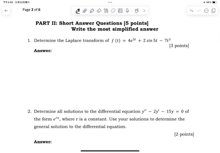 Solved PART II: Short Answer Questions [5 points] Write the | Chegg.com