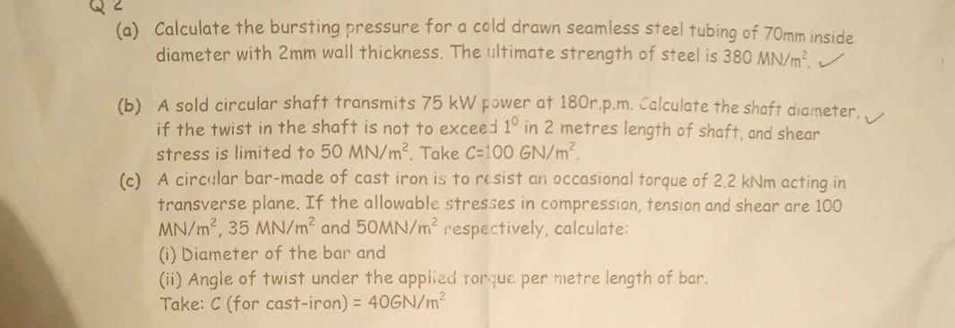 Solved (a) Calculate the bursting pressure for a cold drawn | Chegg.com