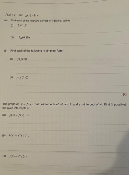 Solved f(x)=ex and g(x)=lnx. (a) Find each of the following | Chegg.com