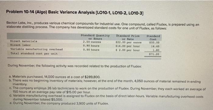 Solved Problem 10-14 (Algo) Basic Variance Analysis [LO10-1, | Chegg.com
