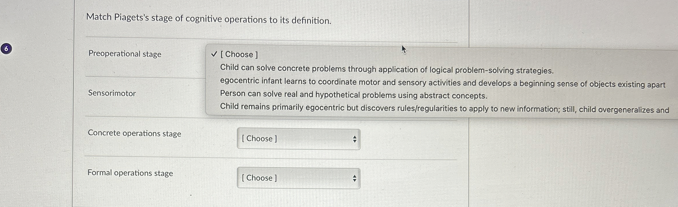 Solved Preoperational stageSensorimotor [Choose]Child can | Chegg.com