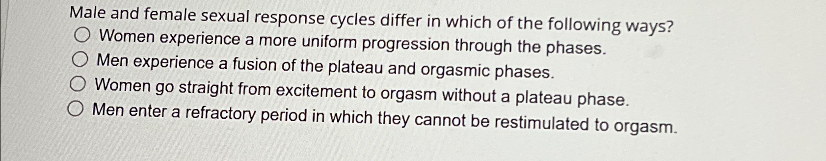 Solved Male and female sexual response cycles differ in | Chegg.com
