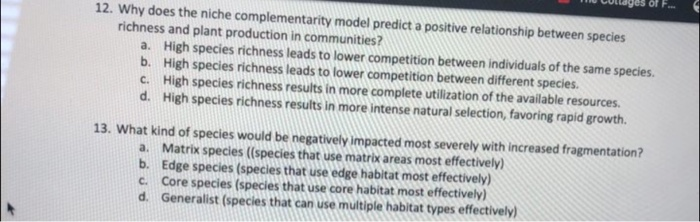 Solved 12. Why does the niche complementarity model predict | Chegg.com