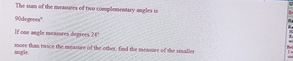 Solved The sum of the measures of two complementary angles | Chegg.com