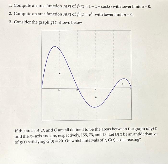 Solved 1. Compute an area function A(x) of f(x) = 1-x+cos(x) | Chegg.com
