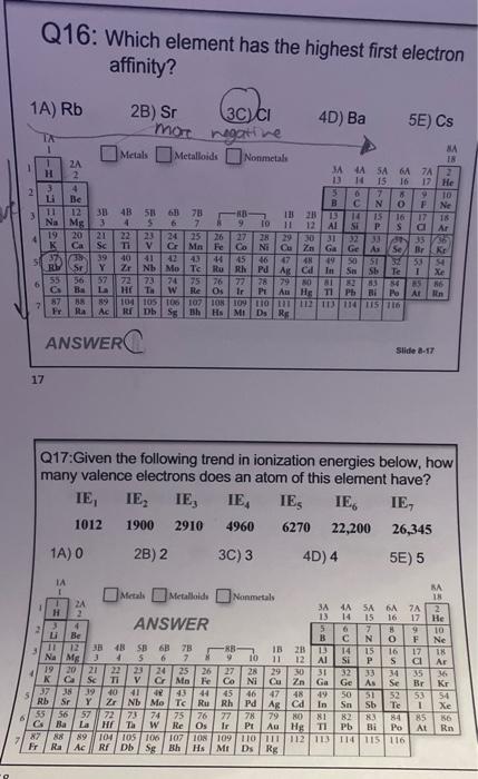 Solved Q16: Which element has the highest first electron | Chegg.com