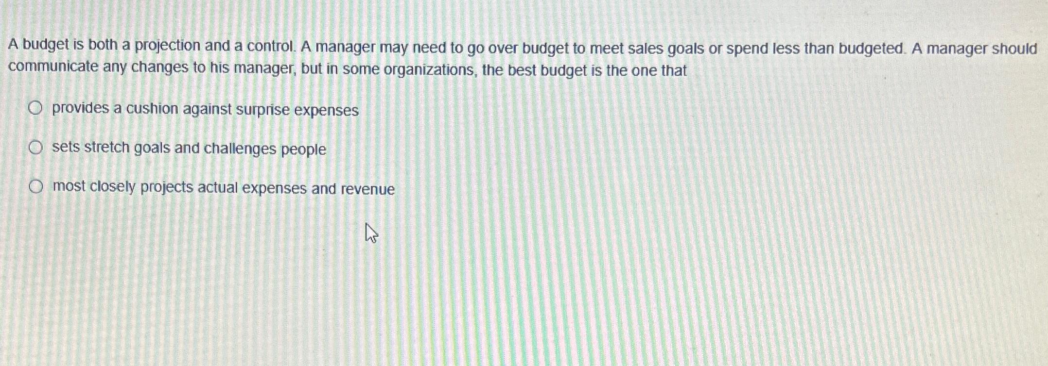 Solved A budget is both a projection and a control. A | Chegg.com