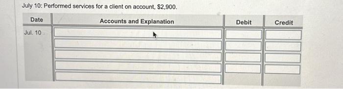 Solved July 10: Performed services for a client on account, | Chegg.com