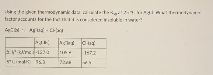 Solved Using the given thermodynamic data, calculate the Ksp | Chegg.com