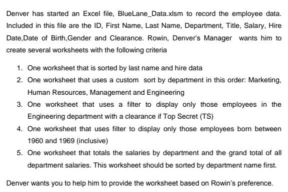 Solved Denver has started an Excel file, BlueLane_Data.xlsm | Chegg.com