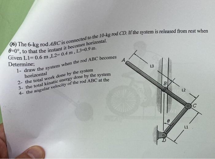 Solved Q6) The 6-kg rod ABC is connected to the 10-kg rod | Chegg.com