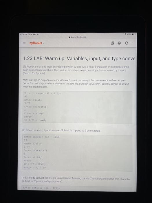 Solved 9:07 PM Sun Jan 10 . aybook = zyBooks - 1.23 LAB: | Chegg.com