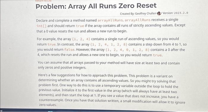 Solved Problem: Array All Runs Zero Reset Created By: | Chegg.com