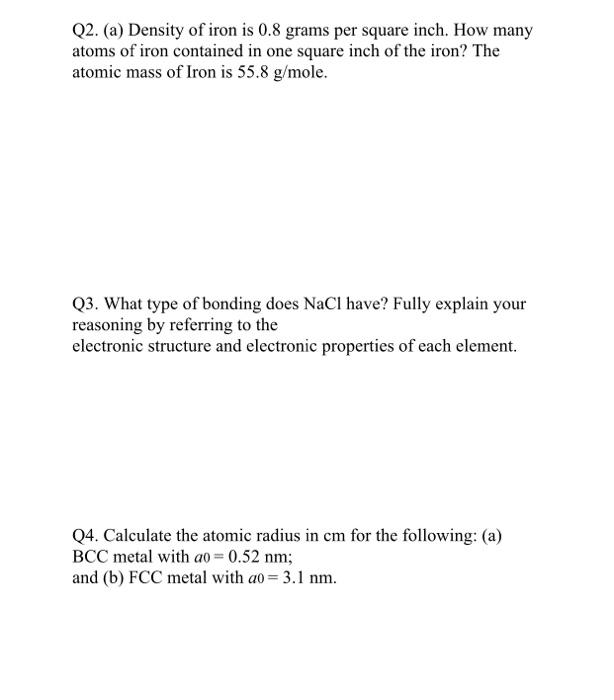 Solved Q2. (a) Density of iron is 0.8 grams per square inch. | Chegg.com