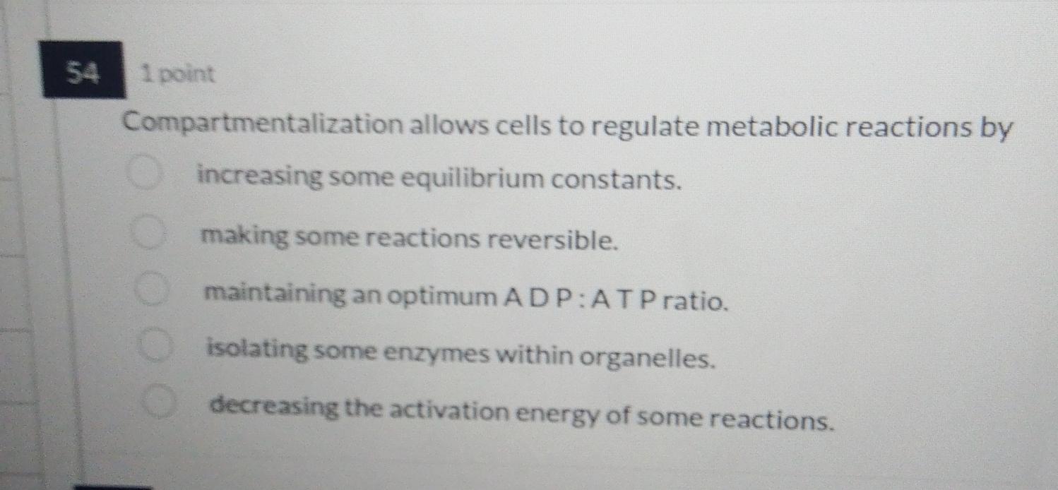 Solved 1 ﻿pointCompartmentalization allows cells to regulate | Chegg.com