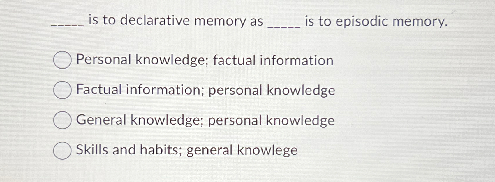 Solved is to declarative memory as is to episodic | Chegg.com