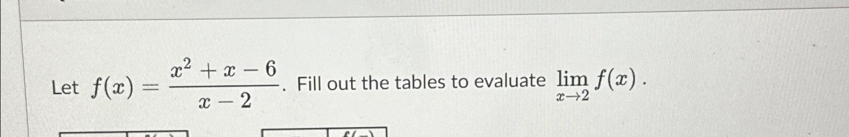Solved Let f(x)=x2+x-6x-2. ﻿Fill out the tables to evaluate | Chegg.com