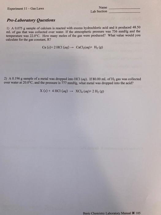 Solved Experiment 11 - Gas Laws Name Lab Section | Chegg.com