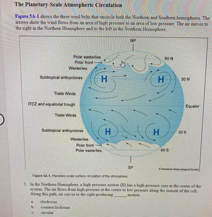 Solved The Planetary-Scale Atmospheric Circulation Figure | Chegg.com