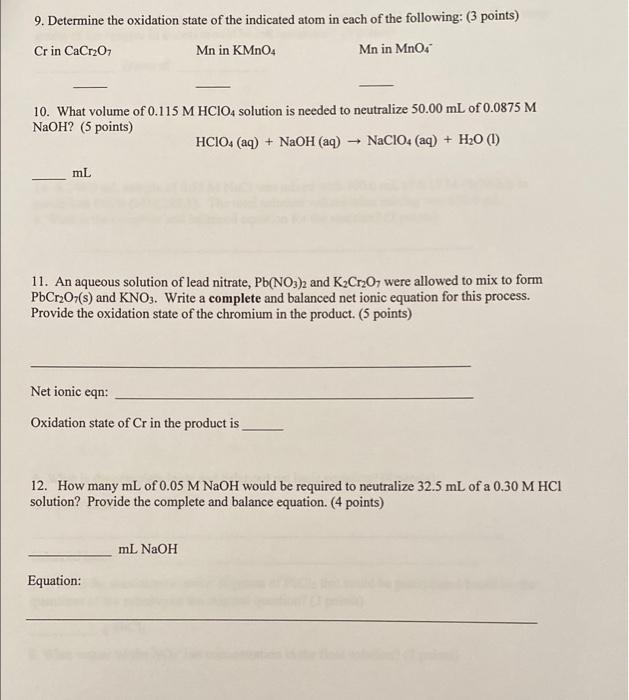 Solved 9. Determine the oxidation state of the indicated | Chegg.com