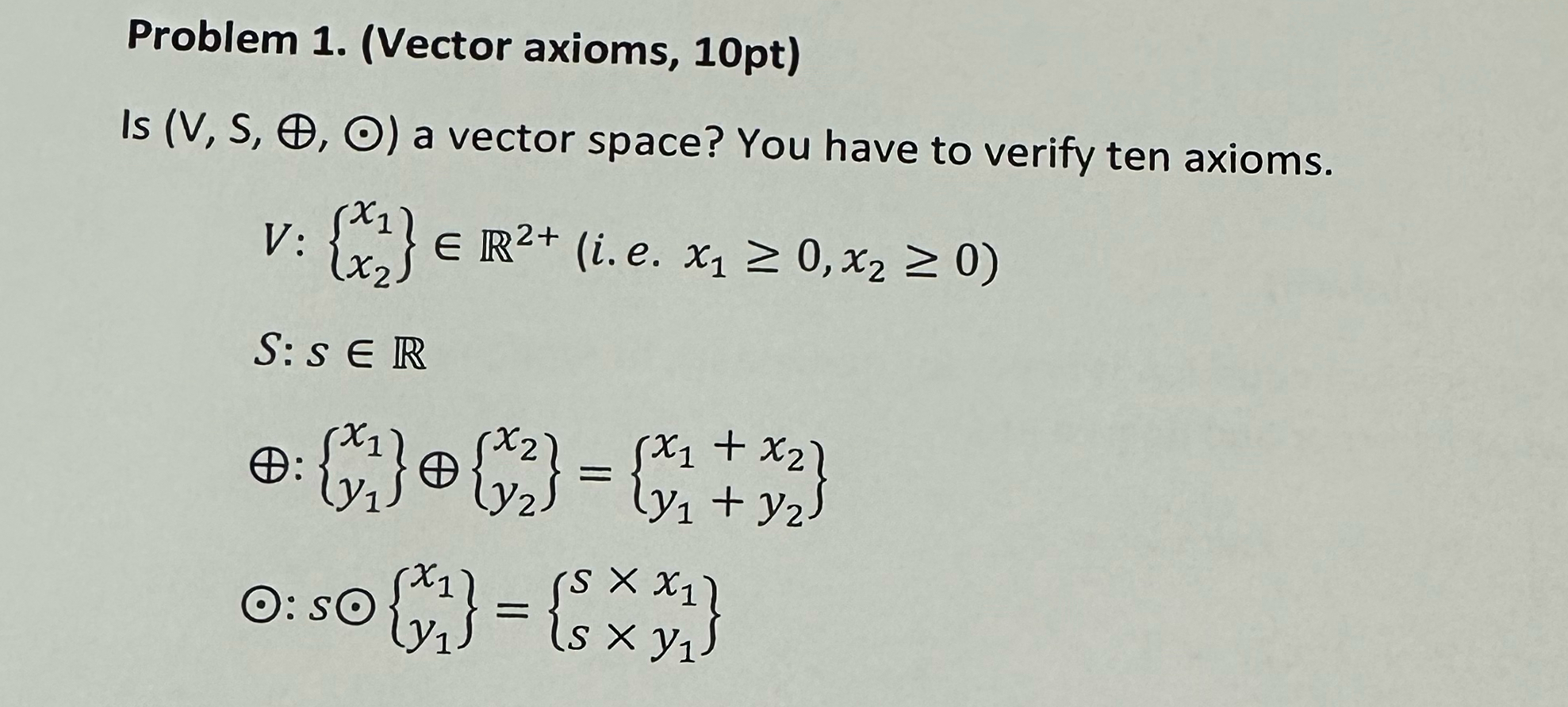 Solved Problem 1. (Vector axioms, 10pt)Is (V,S,o+,o.) ﻿a | Chegg.com