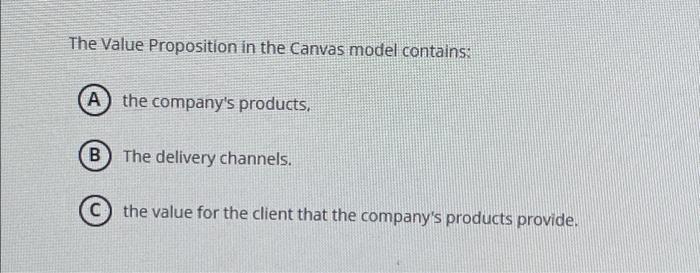 Solved The Value Proposition in the Canvas model contains: A | Chegg.com