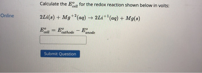 Solved Calculate the E,, for the redox reaction shown below | Chegg.com