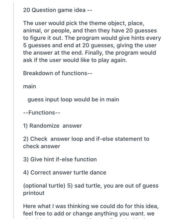 20 Question game idea -- The user would pick the | Chegg.com