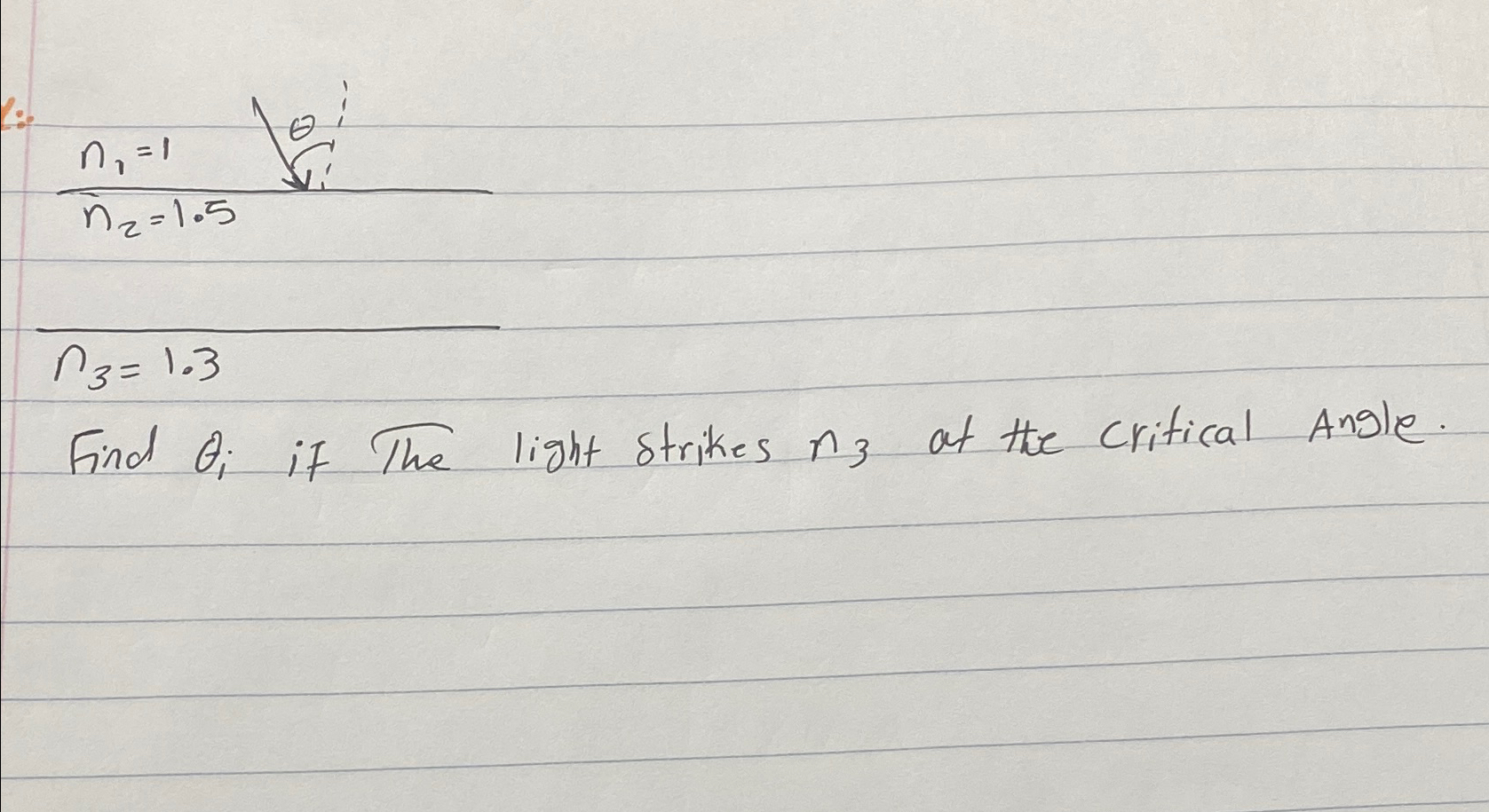 Solved n1n2=1.5=1.5=1n3=1.3Find θi ﻿if the light strikes n3 | Chegg.com