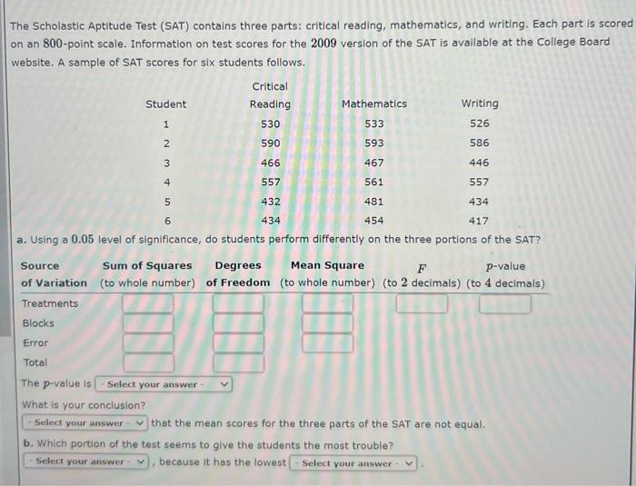 Solved The Scholastic Aptitude Test (SAT) contains three | Chegg.com