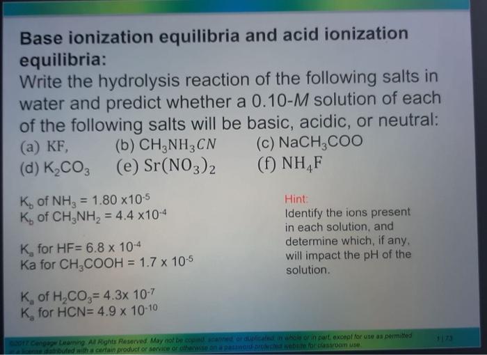 Solved Base ionization equilibria and acid ionization | Chegg.com