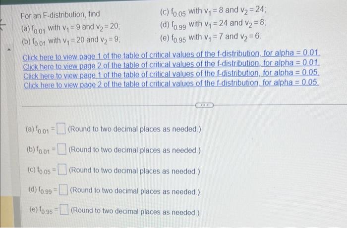 Solved For an F-distribution, find (c) f0.05 with v1=8 and | Chegg.com