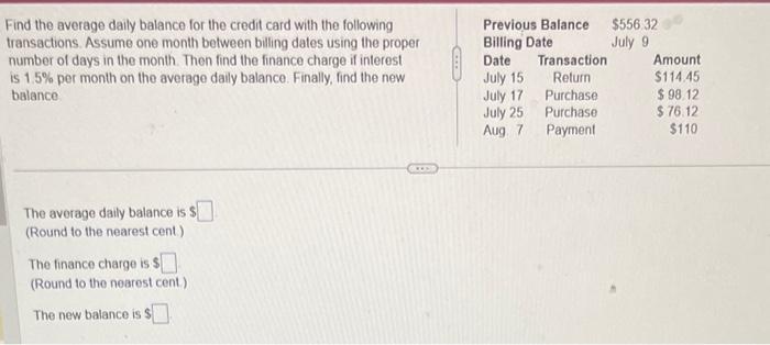 Solved Find the average daily balance for the credit card | Chegg.com