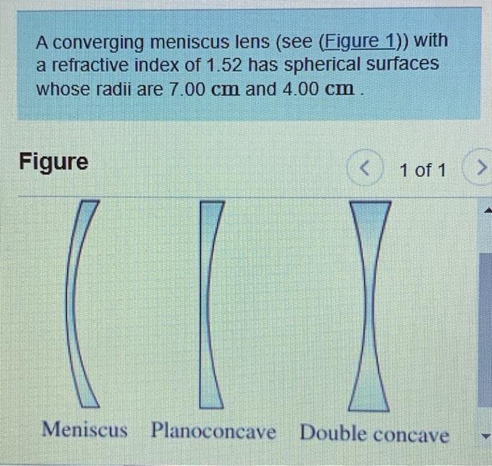 Solved A converging meniscus lens (see (Figure 1)) with a | Chegg.com