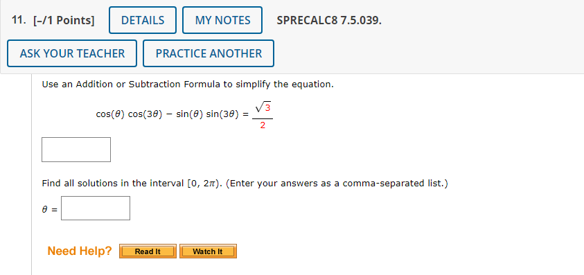 Solved Use an Addition or Subtraction Formula to simplify | Chegg.com