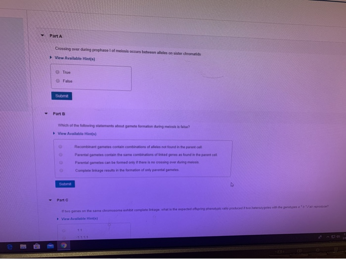 Solved Part A Crossing over during prophase of meiosis | Chegg.com