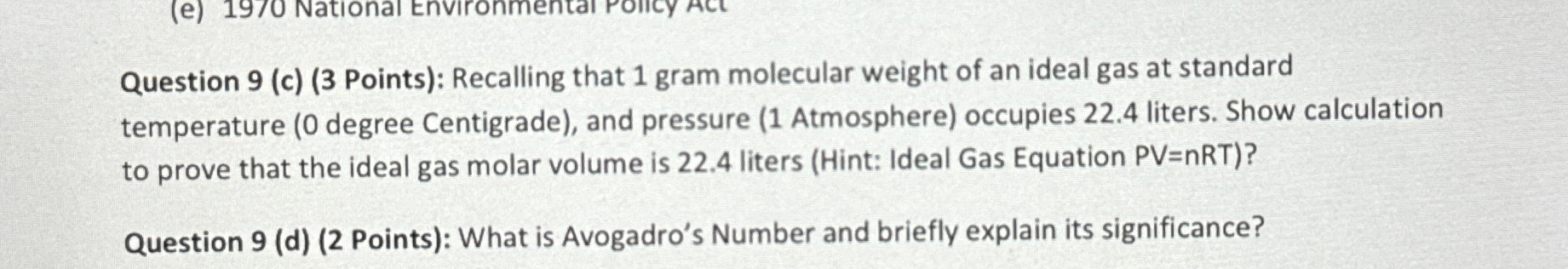 Solved Question 9 (c) (3 ﻿Points): Recalling that 1 ﻿gram | Chegg.com